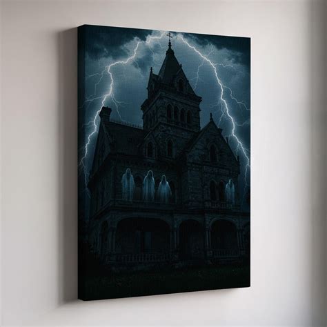 Haunted Gothic Mansion Canvas Wall Art Dark Storm Lightning And Ghosts