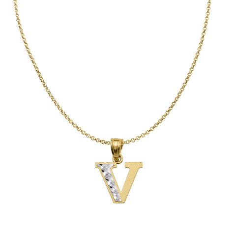 Genuine 14k Two Tone Gold 059 Diamond Cut Initial Letter V Necklace