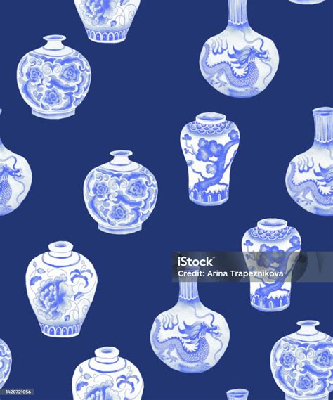 국화 모란 장미의 꽃다발이있는 푸른 중국 화병 전통적인 동양 상징으로 수채화로 칠해진 완벽한 패턴 0명에 대한 스톡 벡터 아트 및 기타 이미지 Istock