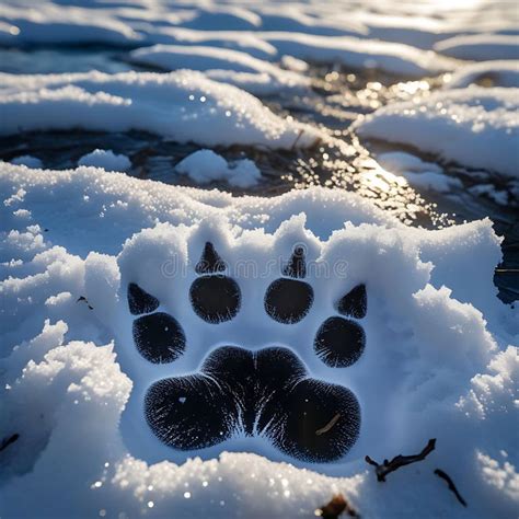 Polar Bear Paw Print On Snowy Ground With Sunlight Reflection Stock