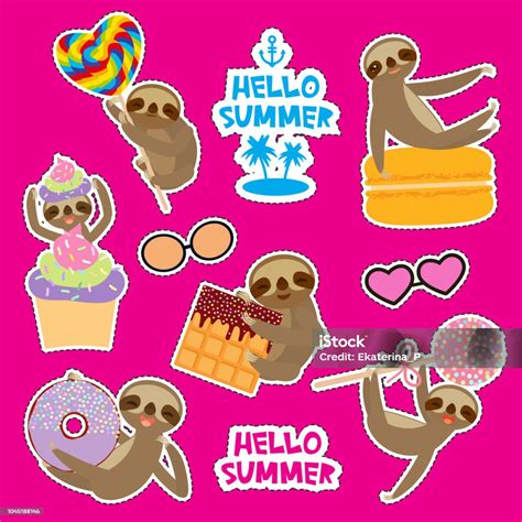 안녕하세요 여름 밝은 열 대 카드 배너 디자인 패션 패치 배지 스티커 케이크와 함께 귀여운 귀여운 얼굴 나무늘보 컬렉션 아빠 도넛 사탕 와플 분홍색 배경에 마 카 롱 벡터