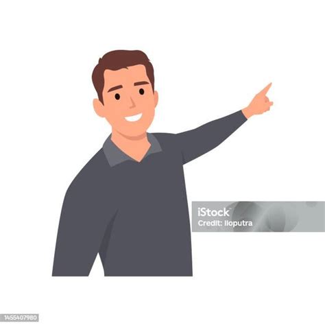 젊은 남자는 서서 미소 짓는 동안 무언가를 가리키고 보여 주거나 제시합니다 복사 공간을 가리키는 사람 흰색 배경에 격리된 플랫 벡터 일러스트 레이 션 가리키기에 대한 스톡