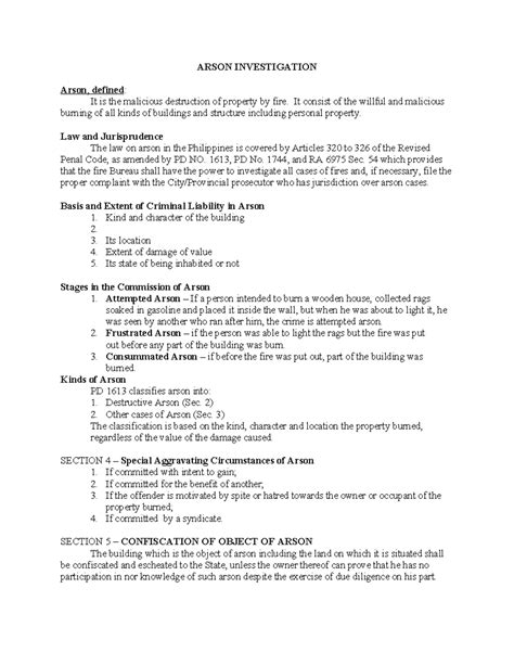 Arson Investigation Lecture Notes Arson Investigation Arson