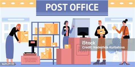 우체국에 있는 사람들 메일 배달 서비스의 직원 및 방문자 비용 계산 편지 및 소포 배송 저울에 상자를 계량합니다 카운터의 우편 배달부 벡터 개념 우체부에 대한 스톡 벡터