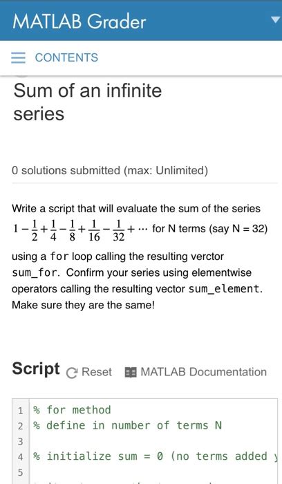 solved matlab grader contents sum of an infinite series o