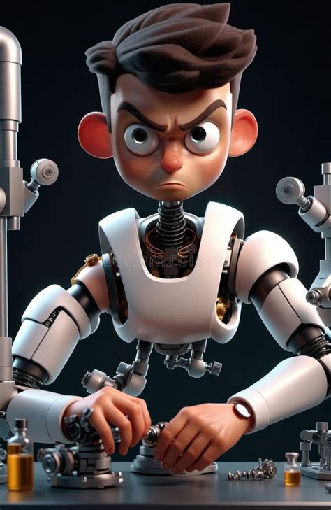 Animated Young Inventor Robot Assembling Futuristic Machinery In