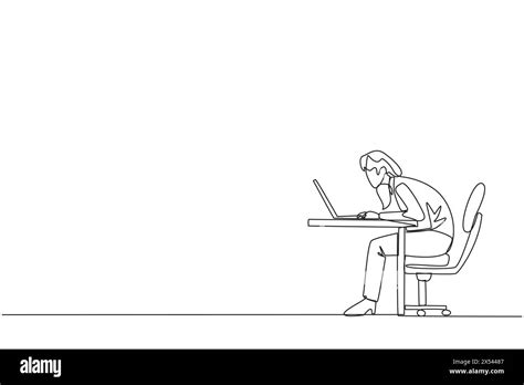 Continuous One Line Drawing Businesswoman Sitting And Typing On Laptop