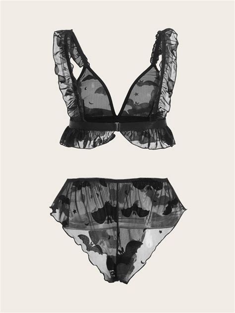 Goth Bat Print Mesh Ruffle Lingerie Set Shein Uk