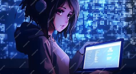 Premium Photo Hacker Anime Girl With Laptop