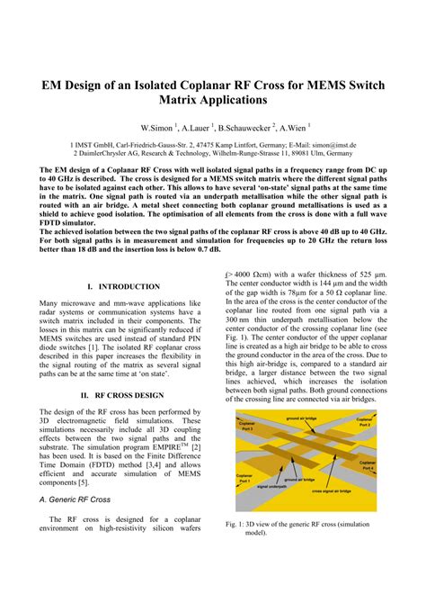 Pdf Em Design Of An Isolated Coplanar Re Cross For Mems Switch Matrix Applications
