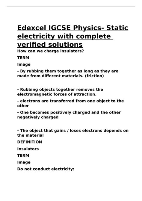 Edexcel Igcse Physics Static Electricity With Complete Verified