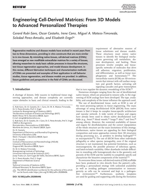 Engineering Cell‐derived Matrices From 3d Models To Advanced Personalized Therapies Request Pdf