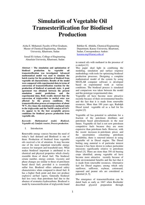 Pdf Simulation Of Vegetable Oil Transesterification For Biodiesel