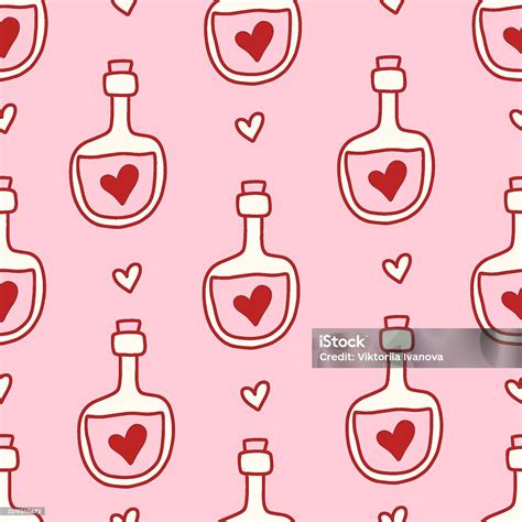 하트로 가득 찬 귀여운 마법의 물약 병이 있는 완벽한 요염한 낙서 패턴 사랑의 묘약과 로맨틱한 분위기 발렌타인 데이 월페이퍼 포장지 스크랩북에 적합합니다 벡터 아트 0명에