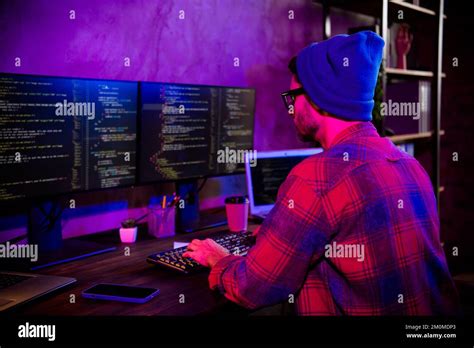 Photo Of Confident Cool Programmer Wear Hat Spectacles Typing Framework