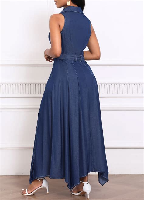 ROTITA Handkerchief Hem Denim Blue Shirt Collar Sleeveless Maxi Dress Rotita Com USD 36 98