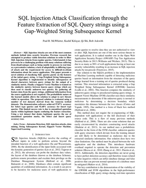 pdf sql injection attack classification through the feature extraction of sql query strings