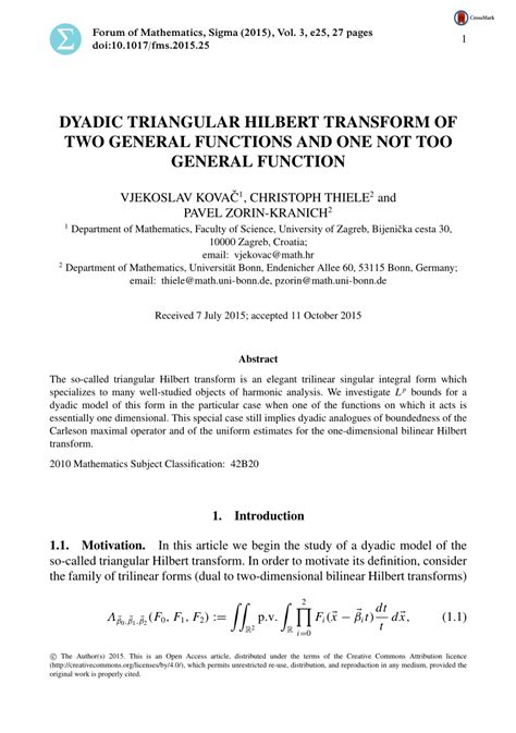 Pdf Dyadic Triangular Hilbert Transform Of Two General Functions And One Not Too General Function