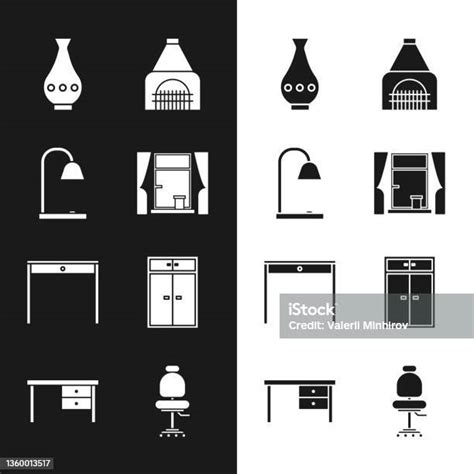 커튼 테이블 램프 꽃병 인테리어 벽난로 나무 테이블 옷장 사무실 의자 및 책상 아이콘이있는 창을 설정합니다 벡터 0명에 대한 스톡 벡터 아트 및 기타 이미지 Istock
