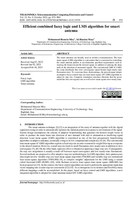 Pdf Efficient Combined Fuzzy Logic And Lms Algorithm For Smart Antenna