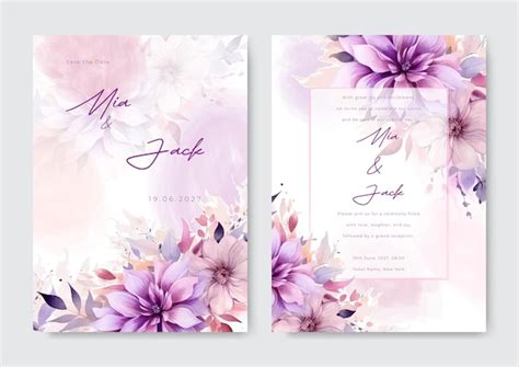 수채화 결혼식 초대 카드 세트 템플릿 프리미엄 벡터