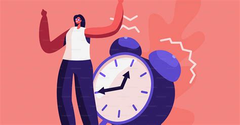 문제를 무시하는 여성 캐릭터 작은 사업가는 거대한 알람 시계 반지를 무시합니다 시간 관리 미루기 비즈니스 작업 프로세스 개념의 낮은 생산성 만화 벡터 일러스트레이션