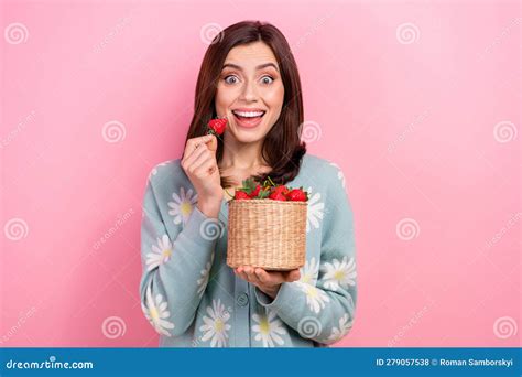 Portrait Of Young Lady Wear Top Eating Seasonal Berries Basket Delicious Gourmet Healthy Food