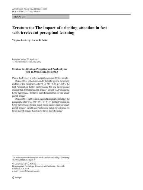Pdf Erratum To The Impact Of Orienting Attention In Fast Task Irrelevant Perceptual Learning