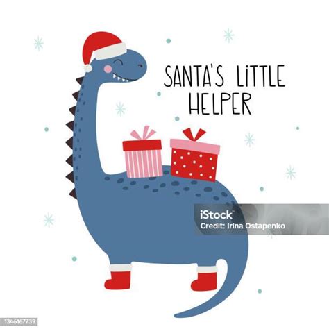 크리스마스 공룡 손 레터링 산타의 작은 도우미 만화 플랫 스타일에서 재미있는 캐릭터의 벡터 일러스트 벡터 손으로 그린 컬러 어린이 의 그림 아기 인쇄 공룡에 대한 스톡 벡터