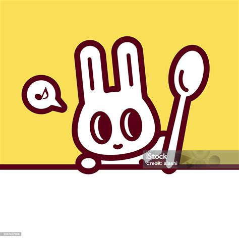 숟가락을 들고 있거나 빈 간판 뒤에 있거나 테이블에 앉아 있는 귀여운 부활절 토끼 정면도 평면 색상의 검은색 윤곽선 미니멀한