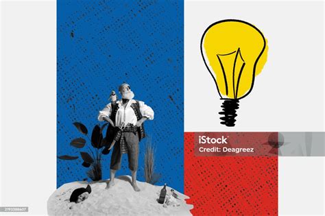 크리 에이 티브 아트 템플릿 스케치 이미지 3d 콜라주 불법 복제 노인 스탠드 모래 섬 야외에서 자연 식물 아이디어 램프 그리기 크리에이 티브 55 59세에 대한 스톡 사진