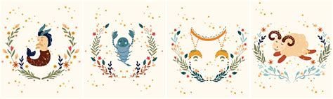 조디악 전갈 자리 염소 자리 천칭 자리 나뭇잎이있는 양자리 화려한 꽃과 별 점성술 조디악 표지판을 포스터 로고 카드에 완벽하게