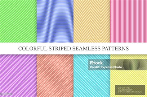 다채로운 이음새가 없는 줄무늬 패턴의 컬렉션 밝은 패션 선형 텍스처 견본 패널에서 반복 가능한 배경을 찾을 수 있습니다 0명에
