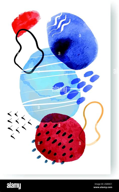 Modern Abstract Composition Featuring Overlapping Watercolor Shapes In Blue And Red Accented
