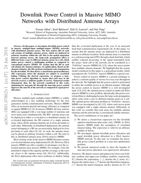 Downlink Power Control In Massive Mimo Networks With Distributed Antenna Arrays Deepai
