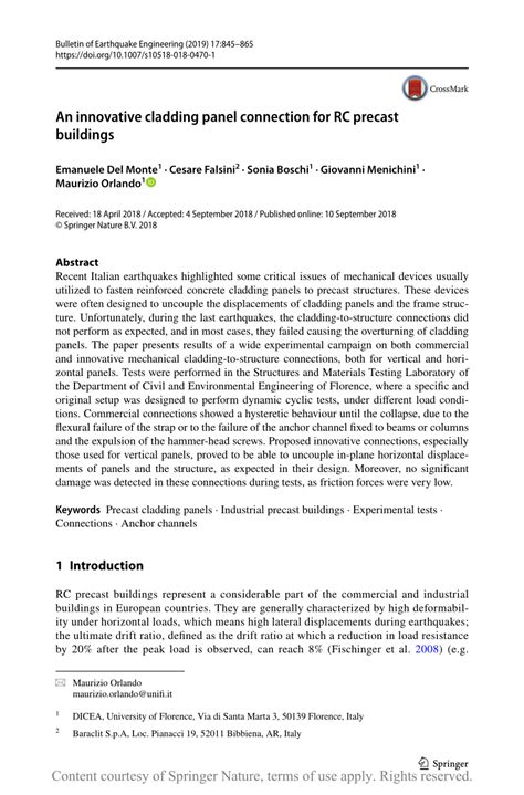 An Innovative Cladding Panel Connection For Rc Precast Buildings Request Pdf