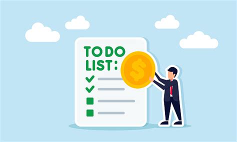 사업 금융 투자를 위해 취해야 할 단계를 보여주는 할 일 목록 문서 옆에 달러 동전을 들고 있는 사업가 경제에 대한 스톡 벡터 아트 및 기타 이미지 Istock