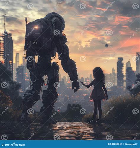 Twilight Moment Between Girl And Robot Ai Generative Stock Illustration Illustration Of