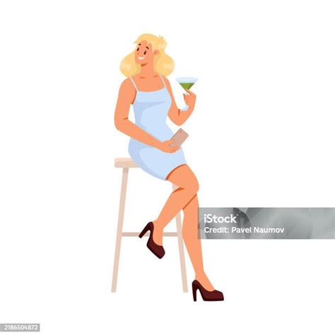 여자 캐릭터 의자에 앉아 와 스마트폰 와 유리 의 칵테일 벡터 일러스트 Brand Name Smart Phone에 대한 스톡