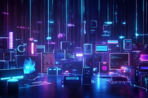 Interconnected Iot Network Glowing Data Flow Between Smart Devices Stock Illustration
