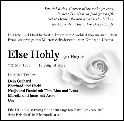 Traueranzeigen Von Else Hohly Trauerundgedenkende