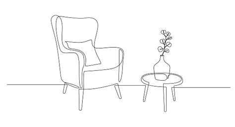 안락 의자와 램프 및 화분 식물의 연속 선 그리기 단순한 선형 스타일의 거실 인테리어를위한 현대적인 소박한 가구 편집 가능한