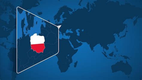 국기가 있는 폴란드의 확대 지도가 있는 세계 지도에서 폴란드의 위치 프리미엄 벡터