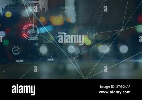 Animation Of Network Of Connections And Data Processing On Bokeh Lights And City At Night