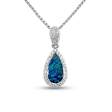 Natural Australian Black Opal Diamonds Pendant 18k White Gold