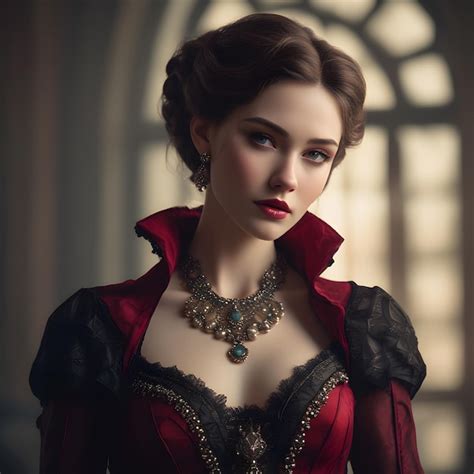 Premium Photo A Vampire Woman In A Red And Black Dress With A Gold Necklace