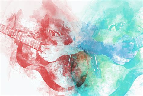 초록 아름 다운 예술 수채화 그림 배경 및 디지털 일러스트 브러쉬에 포그라운드에서 어쿠스틱 기타를 연주 가수에 대한 스톡 사진 및 기타 이미지 Istock