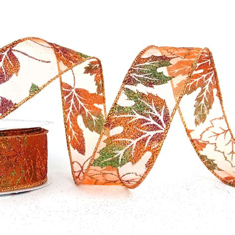 Glitter Autumn Leaves Wired Organza Ribbon Ribbon Uk
