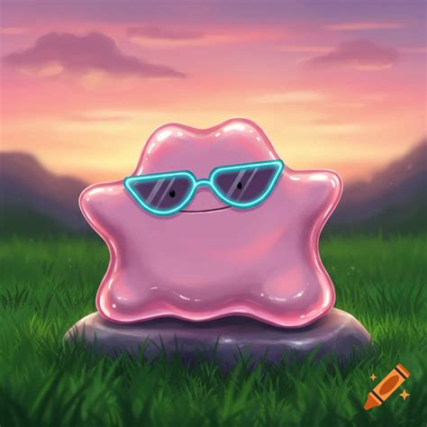 A Pink Blob Like Pokemon Ditto Wearing Neon Blue Sunglasses Sits On A