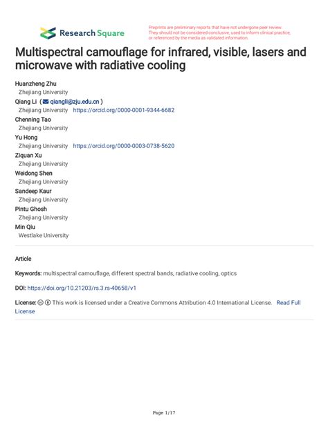 Pdf Multispectral Camouflage For Infrared Visible Lasers And Microwave With Radiative Cooling